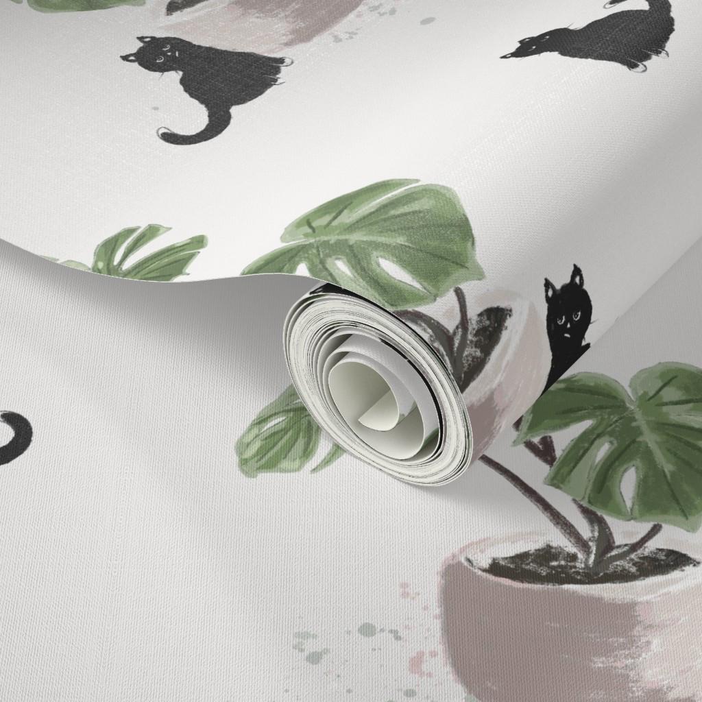 Monstera Cat Doodle Wallpaper, Little Black Kitten + House Plant, Cute ...