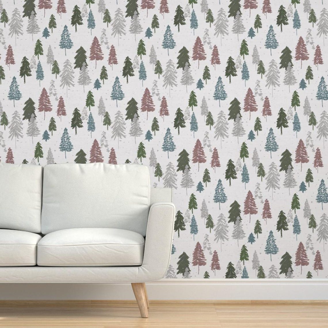 Textured Evergreen Trees Wallpaper, Hand Drawn Boho Holiday Decor Peel ...