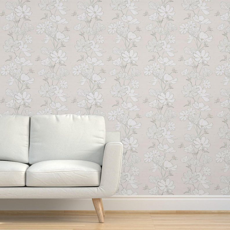 Trailing Cosmos Wallpaper, Light Beige Wallpaper, Warm Neutral Line Art ...