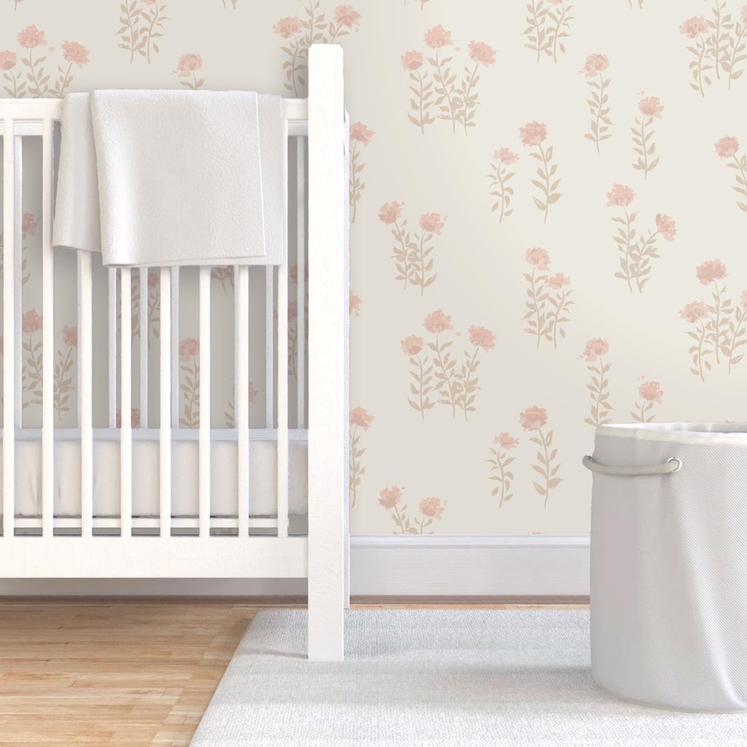 Rose Gold Peonies on Cream Wallpaper, Baby Girl Nursery Floral ...