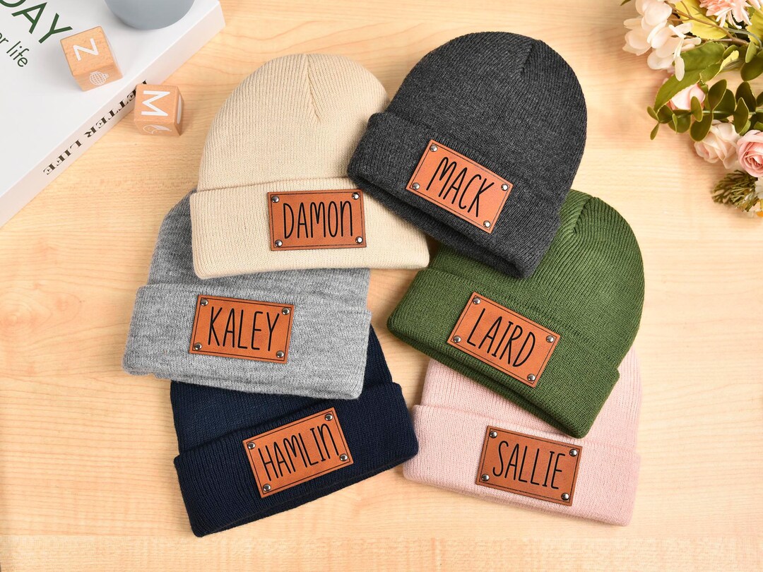 Newborn Baby Beanie With Name, Leather Patch Beanies for Baby ...