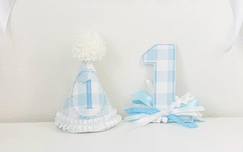 1st Birthday Cake Topper: Blue Gingham Fabrics, Baby Boy Keepsake Party ...