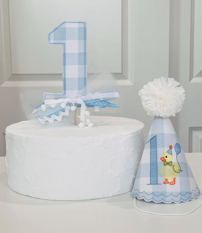 1st Birthday Cake Topper: Blue Gingham Fabrics, Baby Boy Keepsake Party ...