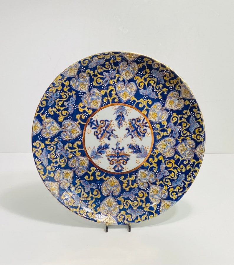Vintage Chinese Hand Painted Blue Porcelain 12” Plate With Gold Gilded ...