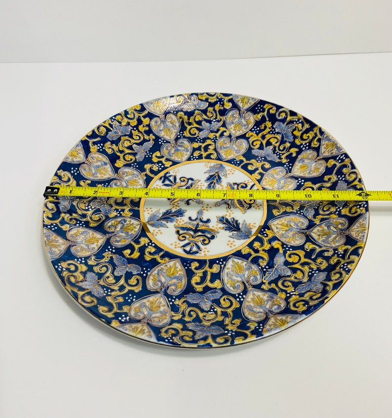 Vintage Chinese Hand Painted Blue Porcelain 12” Plate With Gold Gilded ...