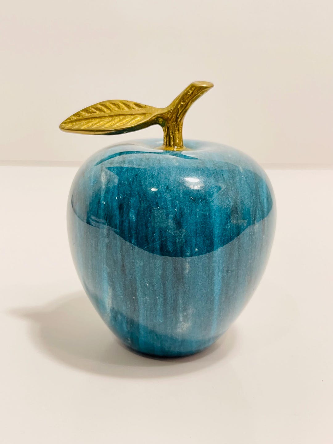 Vintage Turquoise Blue Marble Stone Paperweight With Brass Leaf and ...