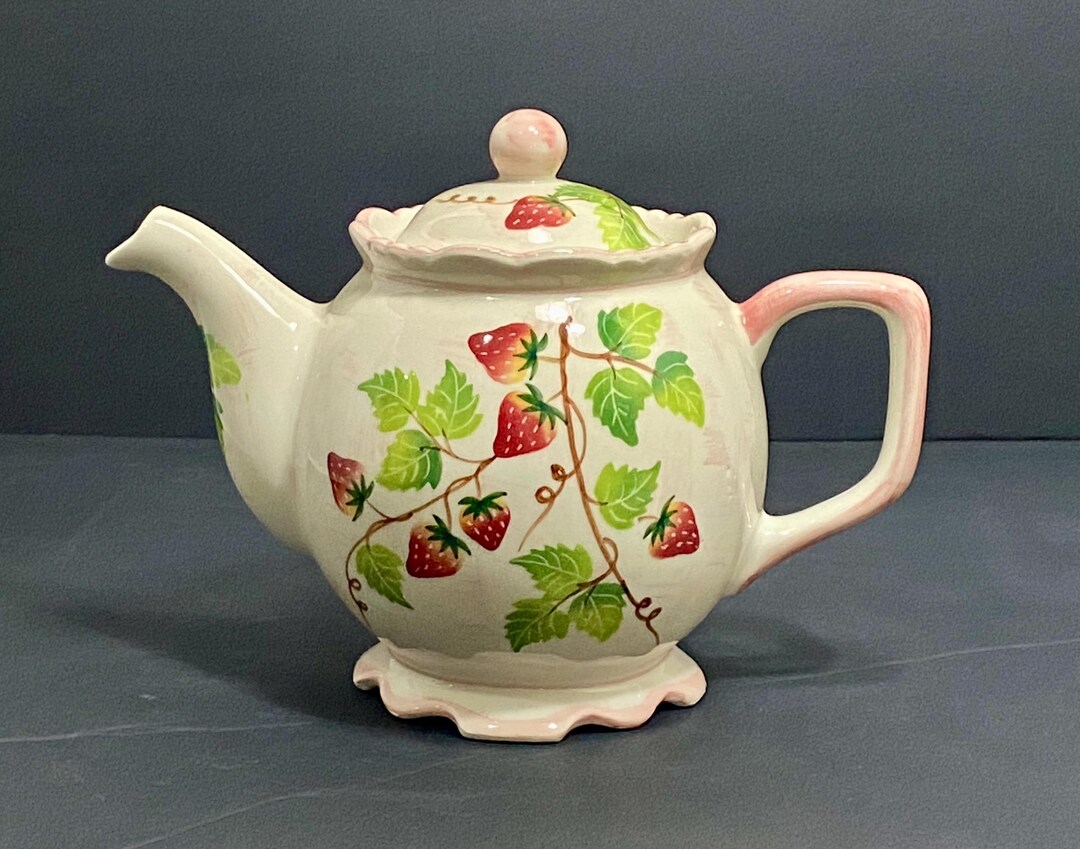 Vintage Porcelain Strawberry Vines Hand Painted Footed Teapot With ...