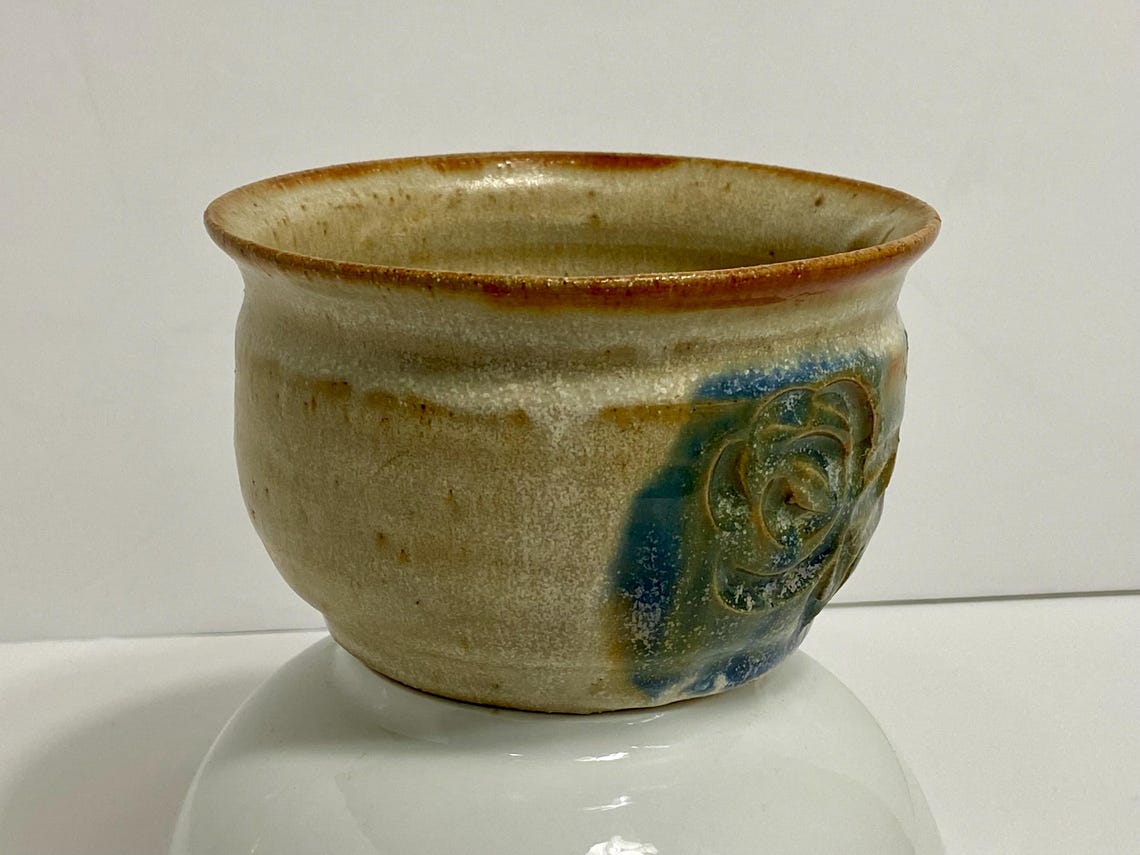 Vintage Rustic Beige Studio Art Pottery Handcarved Blue Flower ...