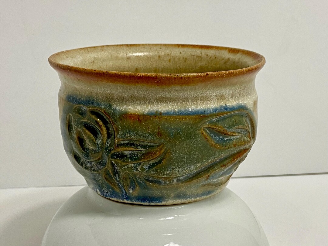 Vintage Rustic Beige Studio Art Pottery Handcarved Blue Flower ...