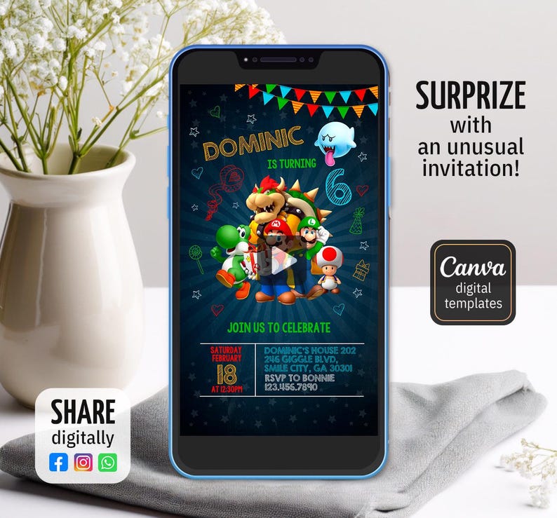 Super Mario Birthday Invitation, Mario Bros Party Invite, Digital Video ...