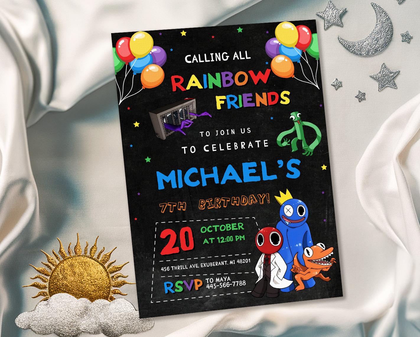 Rainbow Friends Birthday Party Invitation Template, Rainbow Gang ...