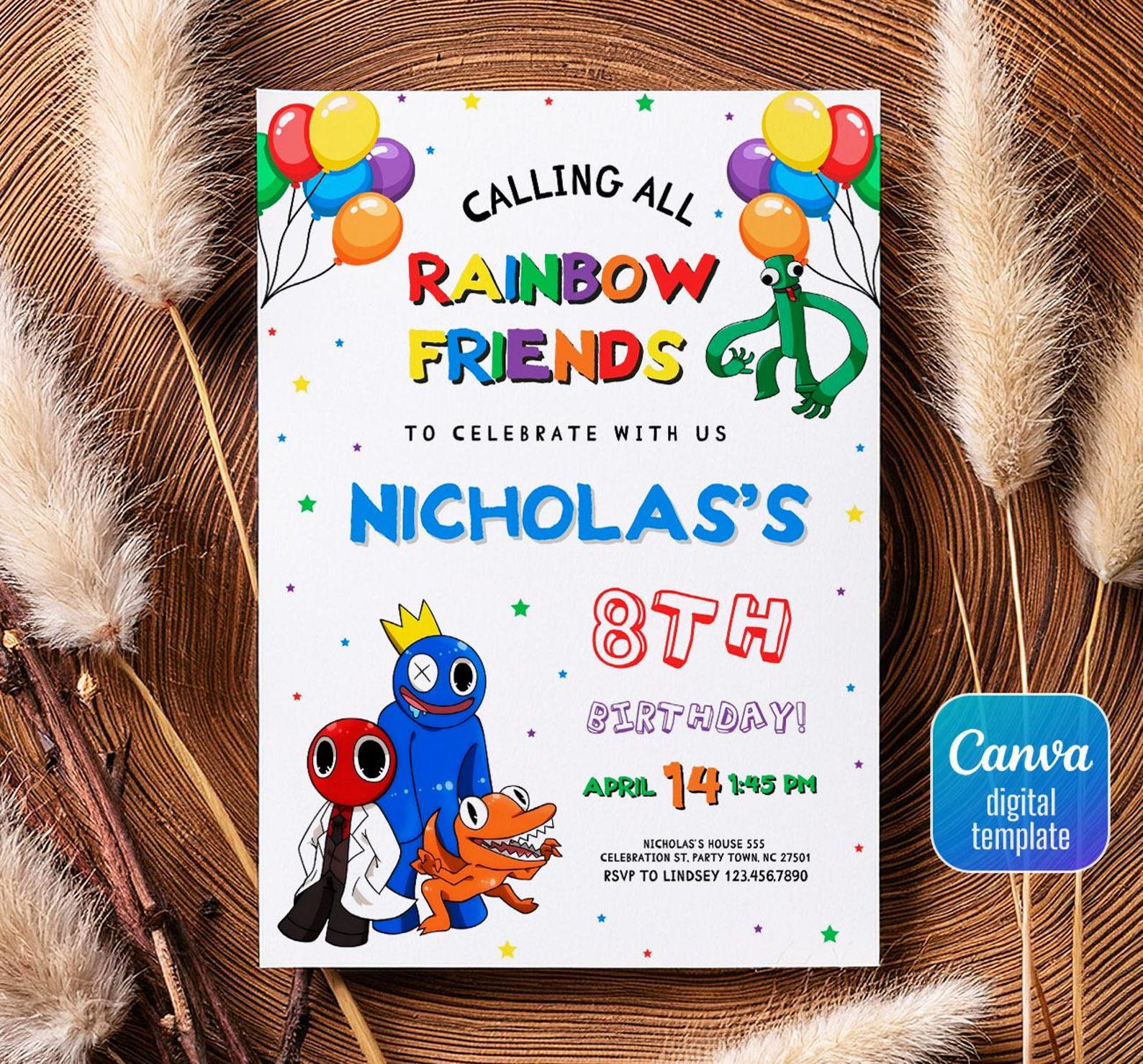 Rainbow Friends Birthday Party Invitation Template, Rainbow Gang ...