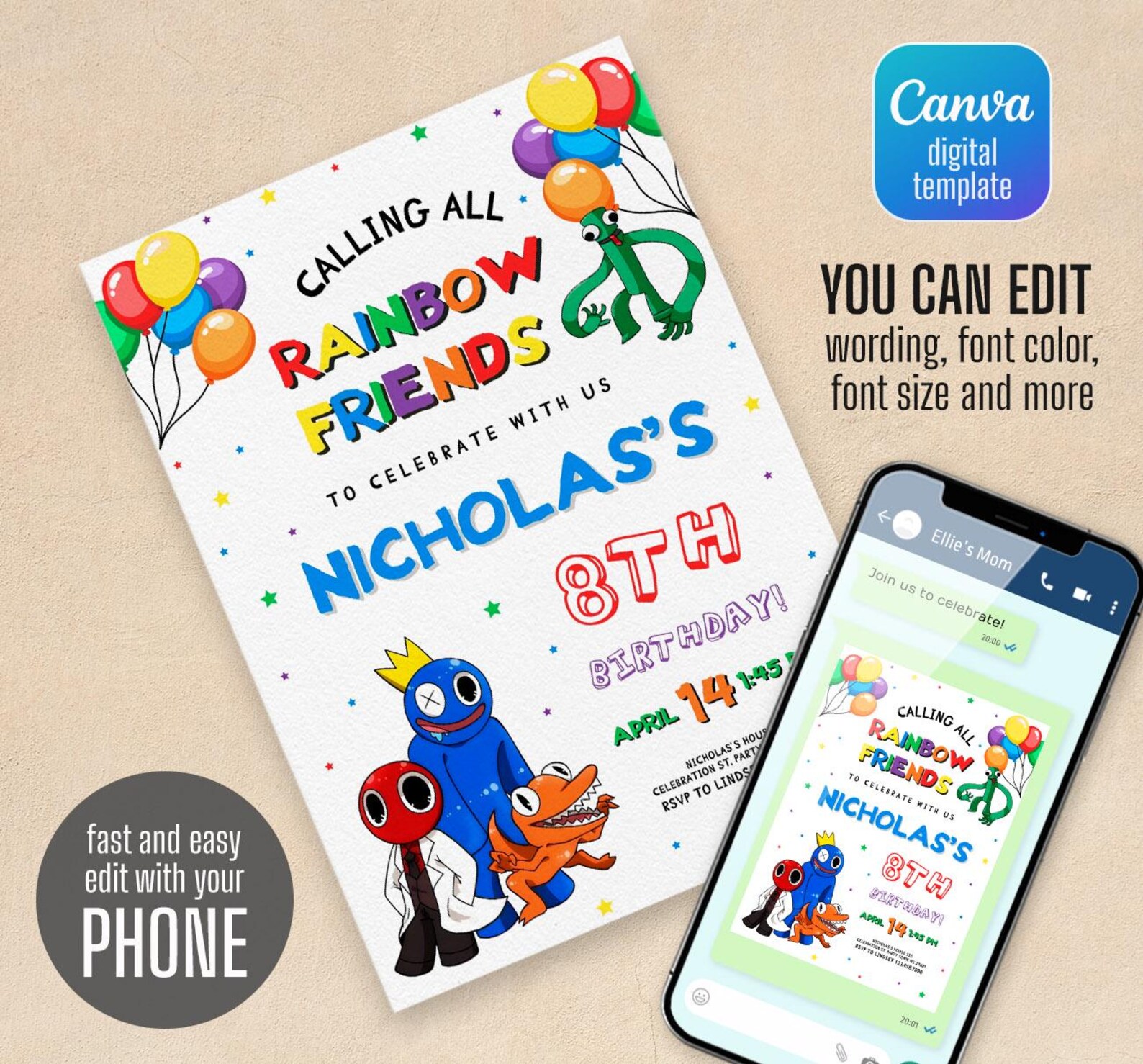 Rainbow Friends Birthday Party Invitation Template, Rainbow Gang ...