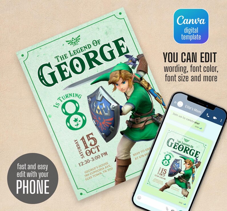 Video Gamer Invite, Legend of Zelda Birthday Invitation, Digital ...