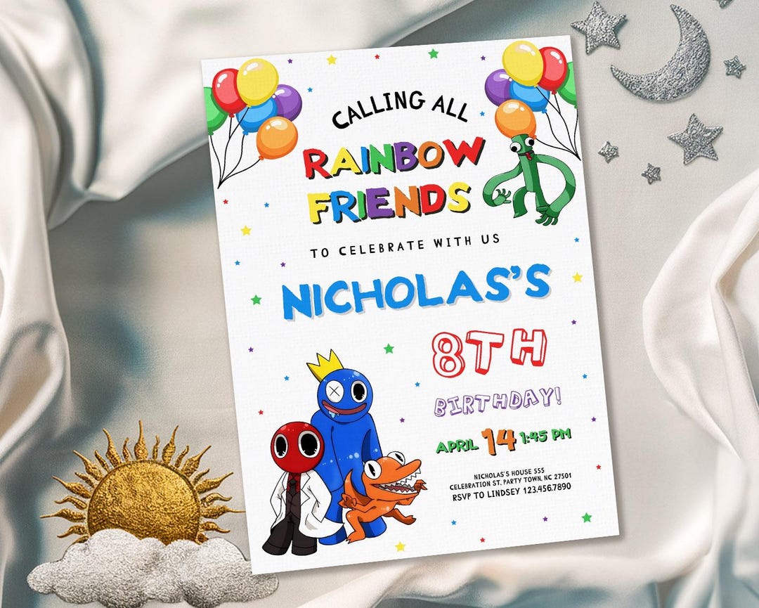 Rainbow Friends Birthday Party Invitation Template, Rainbow Gang ...