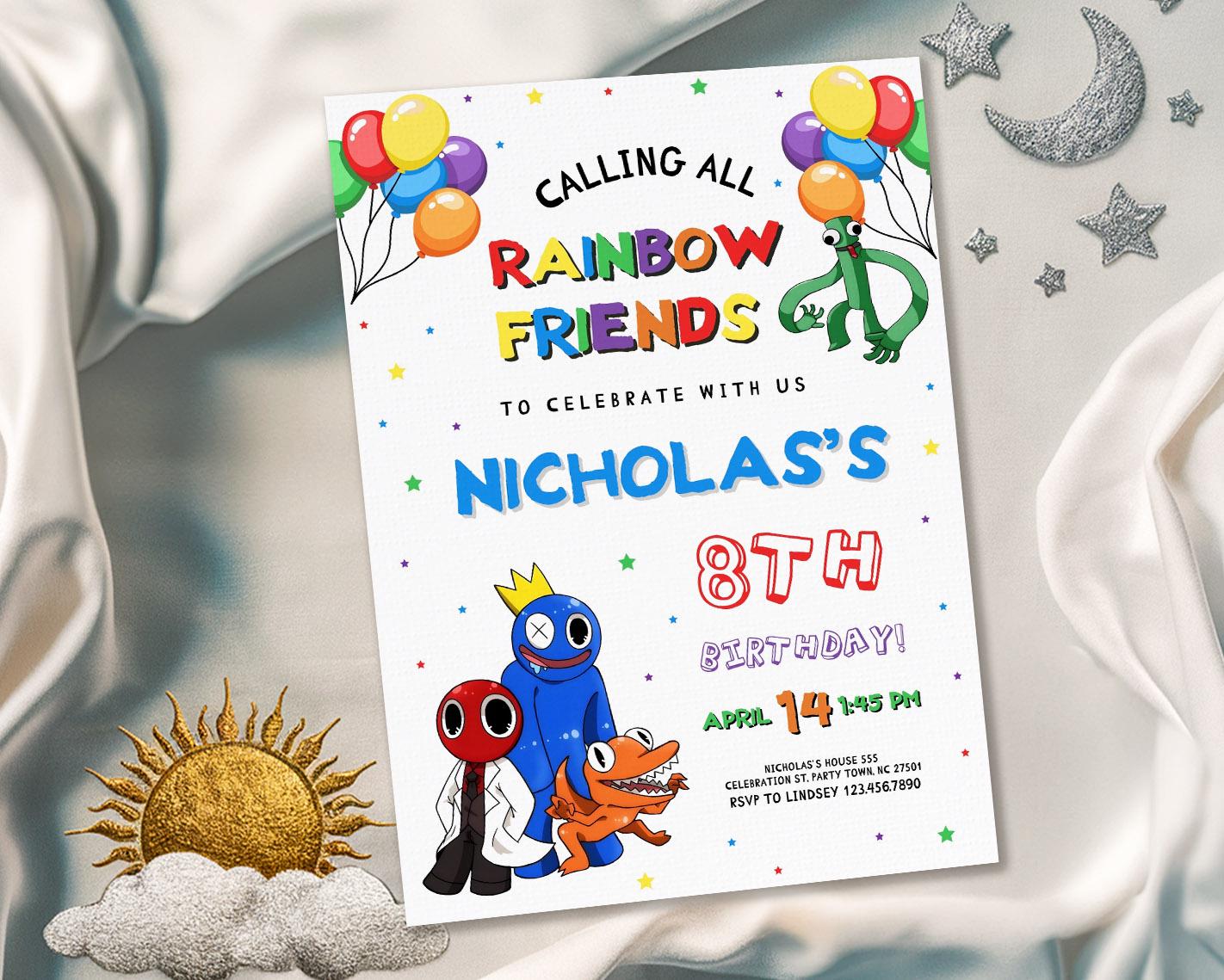 Rainbow Friends Birthday Party Invitation Template, Rainbow Gang ...