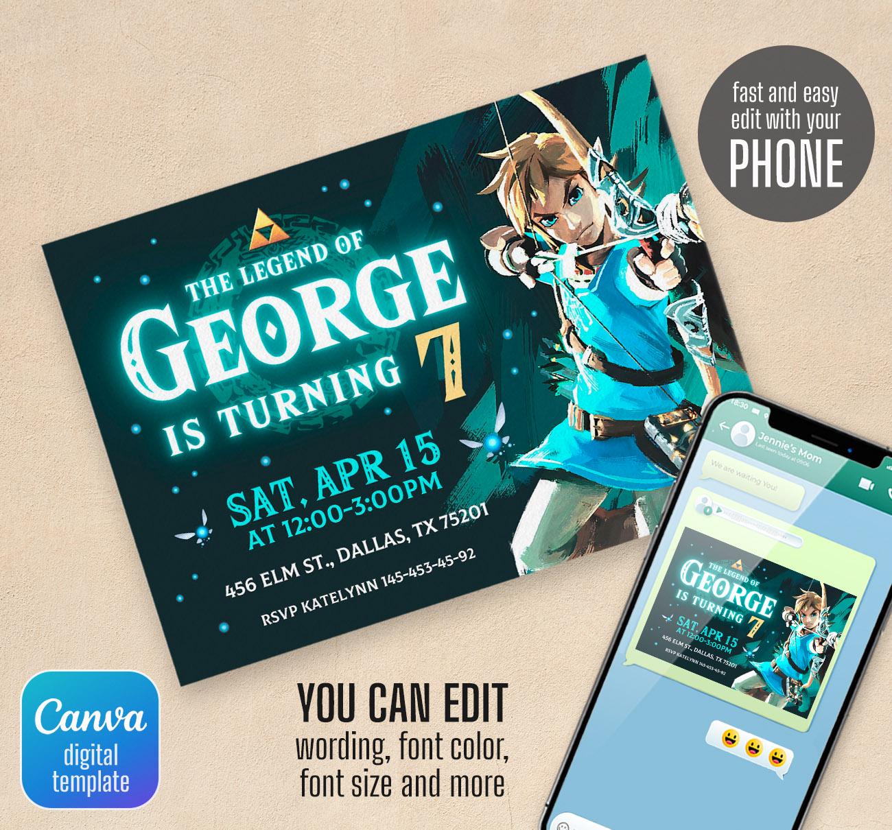 Video Gamer Invite, Legend of Zelda Birthday Invitation, Digital ...