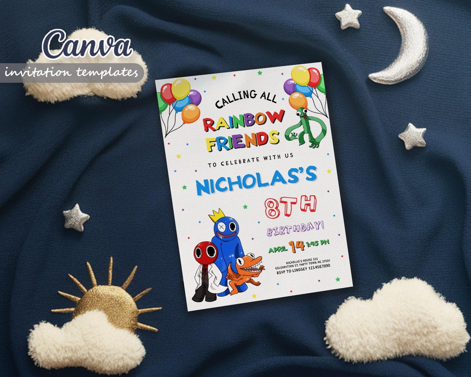 Rainbow Friends Birthday Party Invitation Template, Rainbow Gang ...