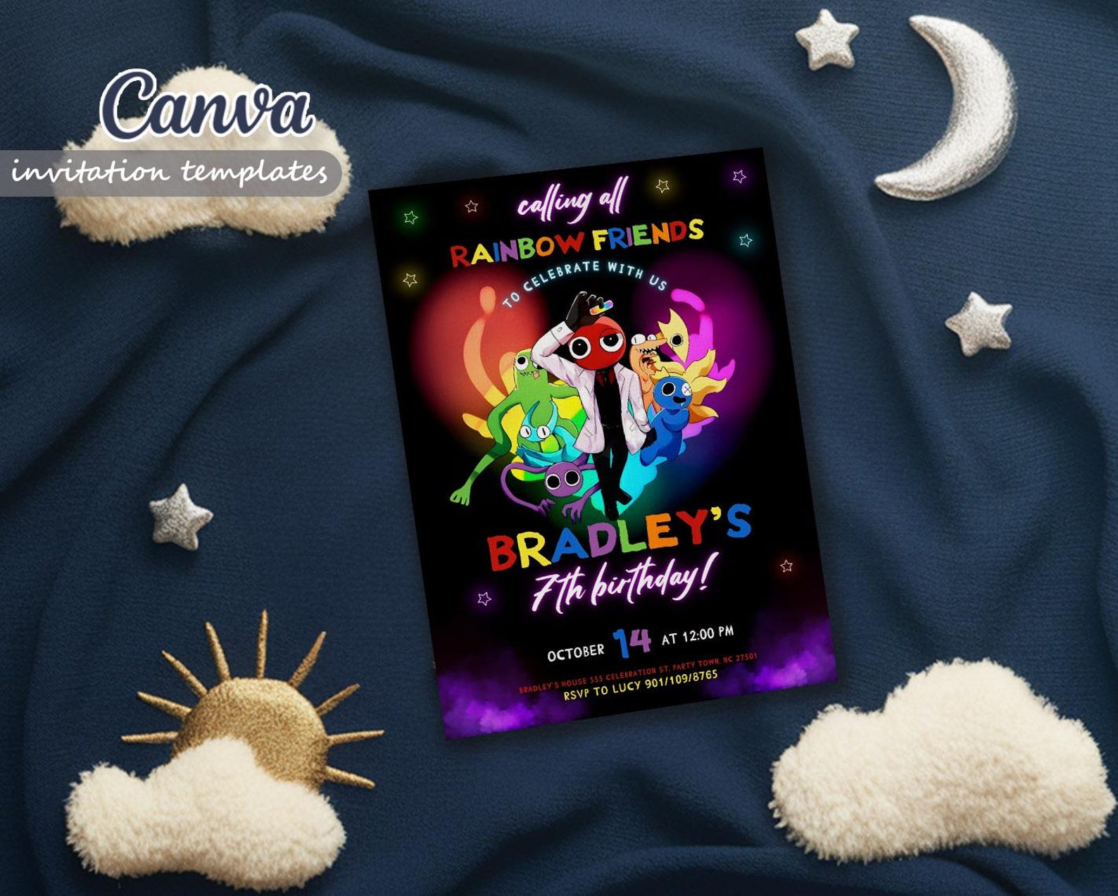 Rainbow Friends Birthday Party Invitation Template, Rainbow Gang ...