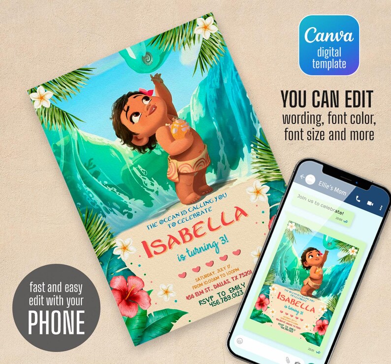 Moana Printable Invitation, Editable Invitation, Hawaii Birthday ...