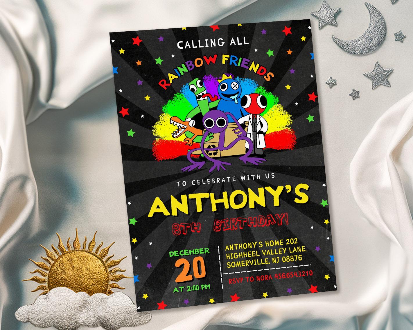 Rainbow Friends Birthday Party Invitation Template, Rainbow Gang ...