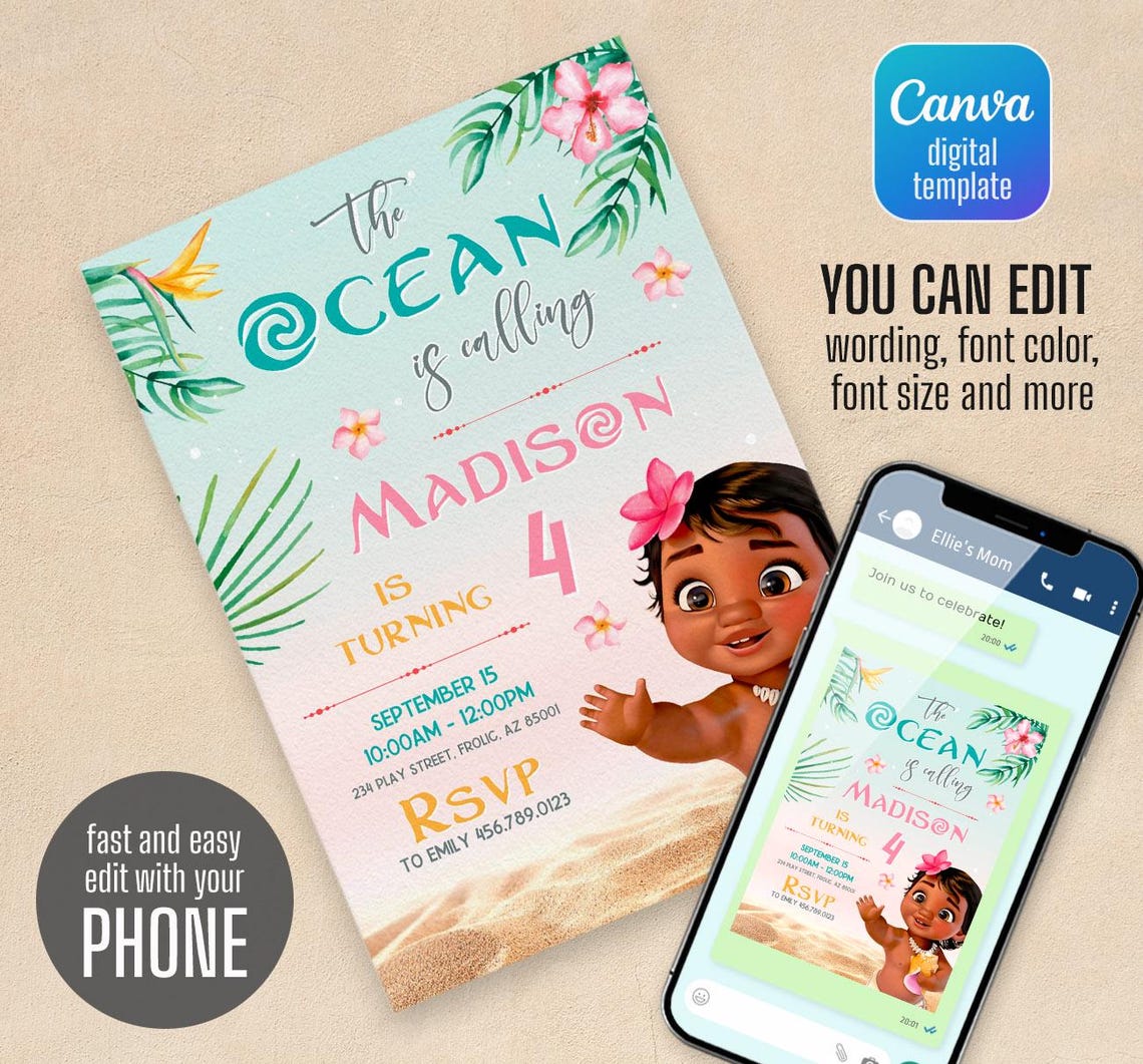 Moana Printable Invitation, Editable Invitation, Hawaii Birthday ...