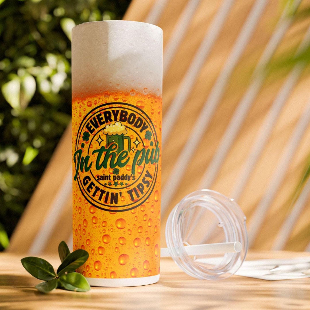 SAINT PADDY'S tipsy Beer Glass 20oz Skinny Tumbler With Straw, Perfect ...