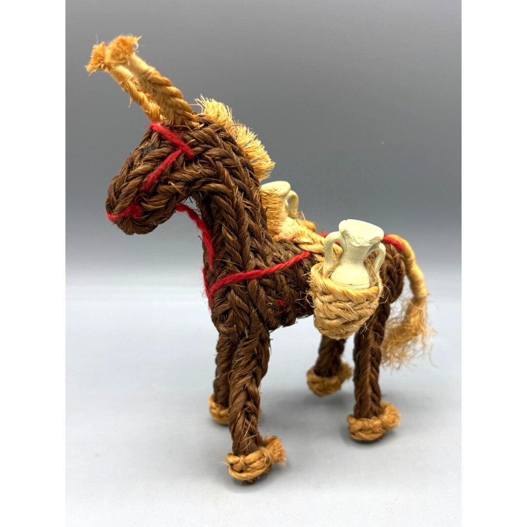Vtg Handwoven Straw Horse Mule Figurine Miniature Clay Jugs Folk Art ...
