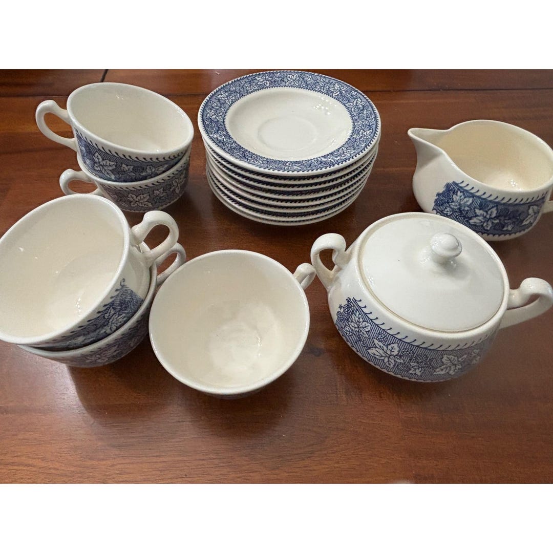 Homer Laughlin Shakespeare Blue Leaves Cups Saucer Creamer Sugar 16 Pc ...