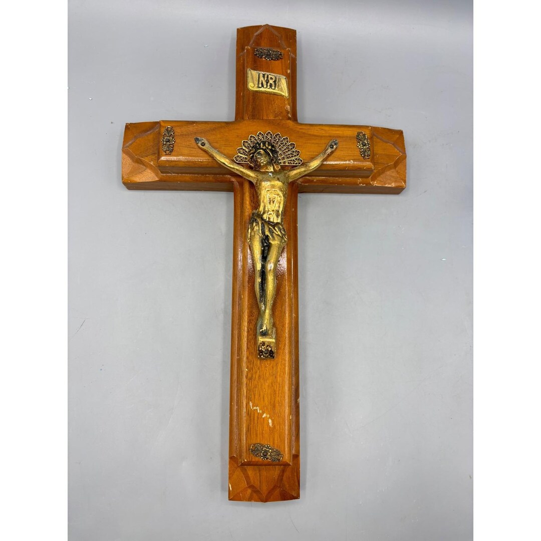 Vintage Wooden Jesus Christ Crucifix Wall Cross INRI Hidden Compartment ...