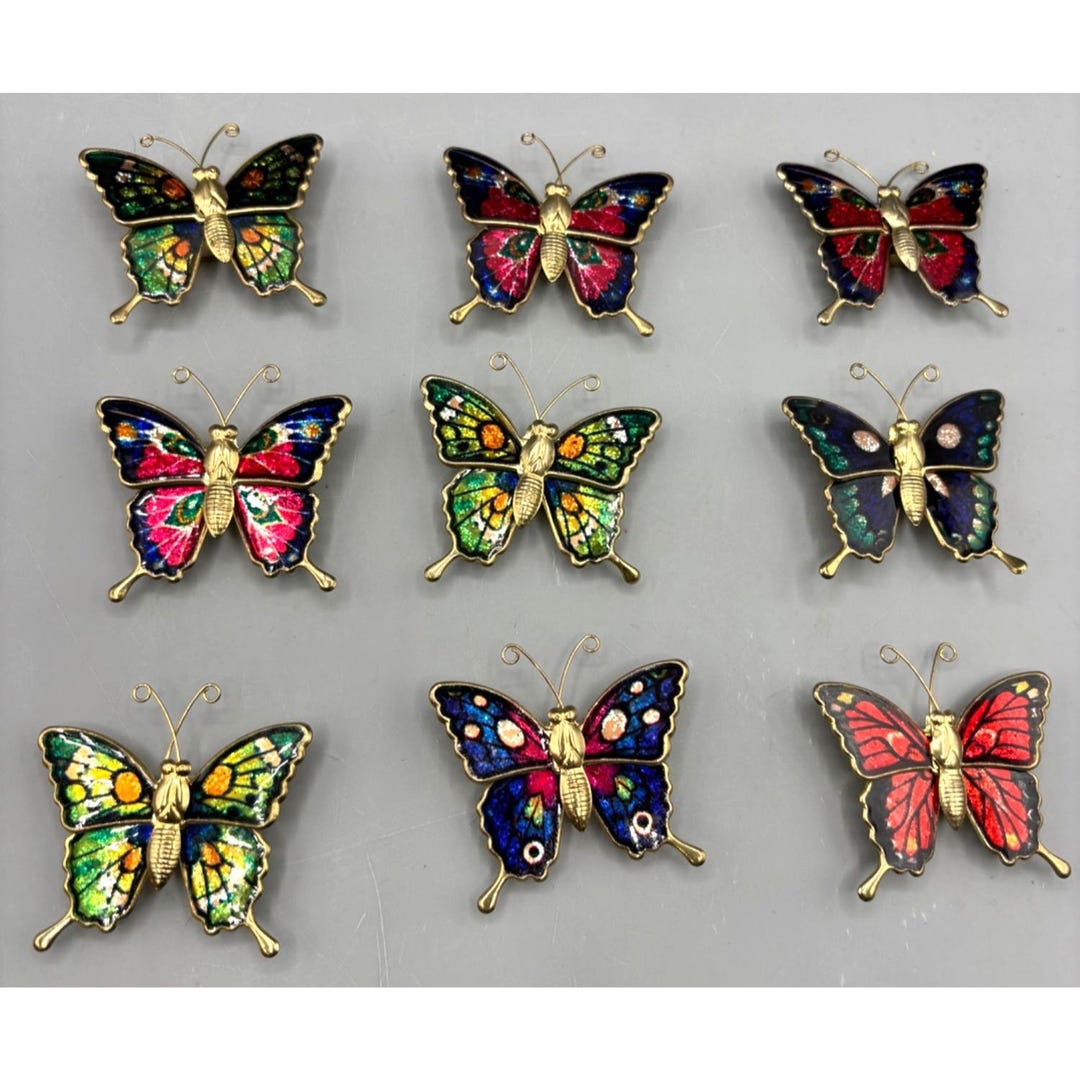 Set of 9 Vintage Enamel Butterfly Magnets in Assorted Colors With Gold ...