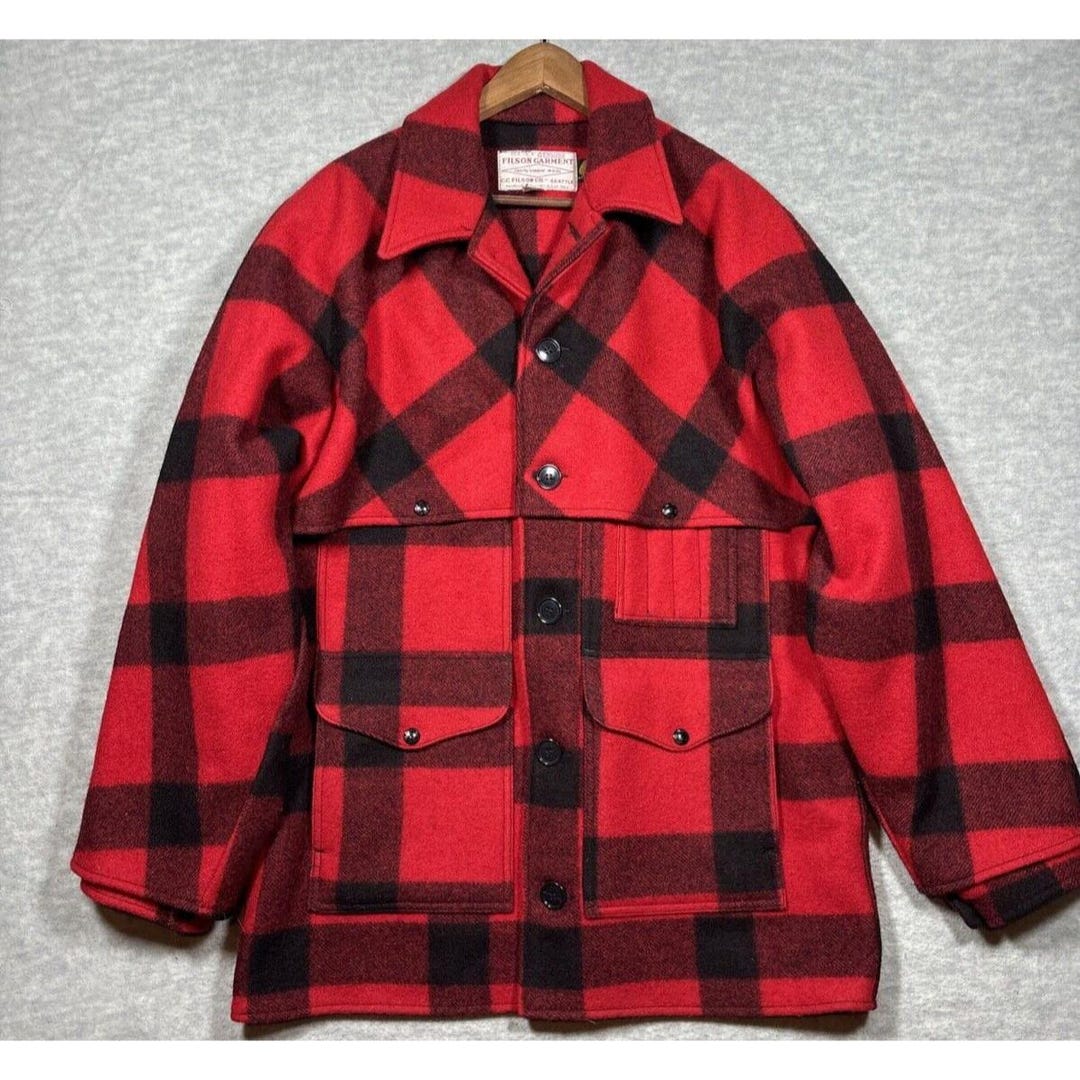 Vtg Filson Double Mackinaw Mens Coat Sz 44 Red Plaid Wool Made in USA ...