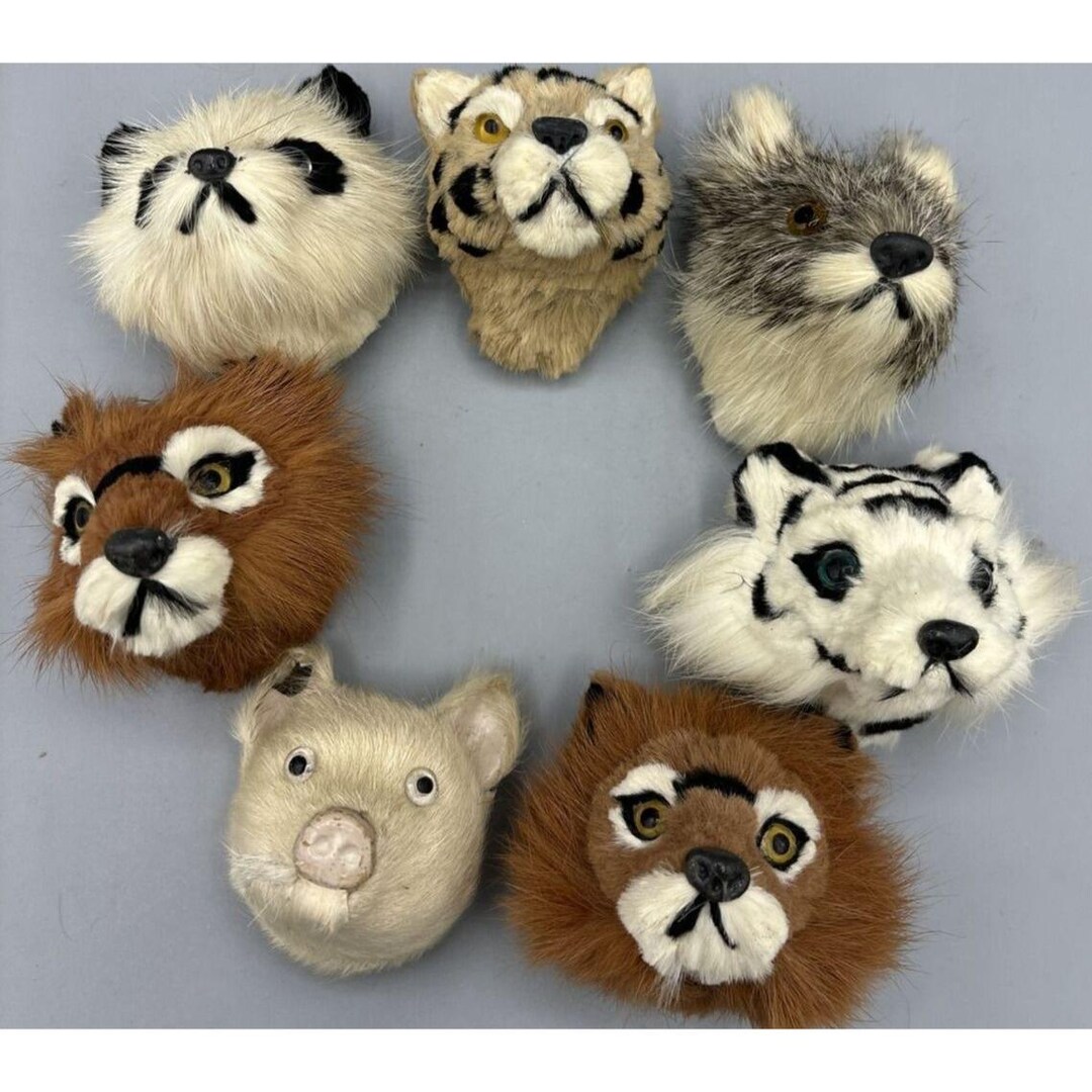 Vtg Set of 7 Mini Taxidermy Style Animal Head Magnet Fur Tiger Panda ...