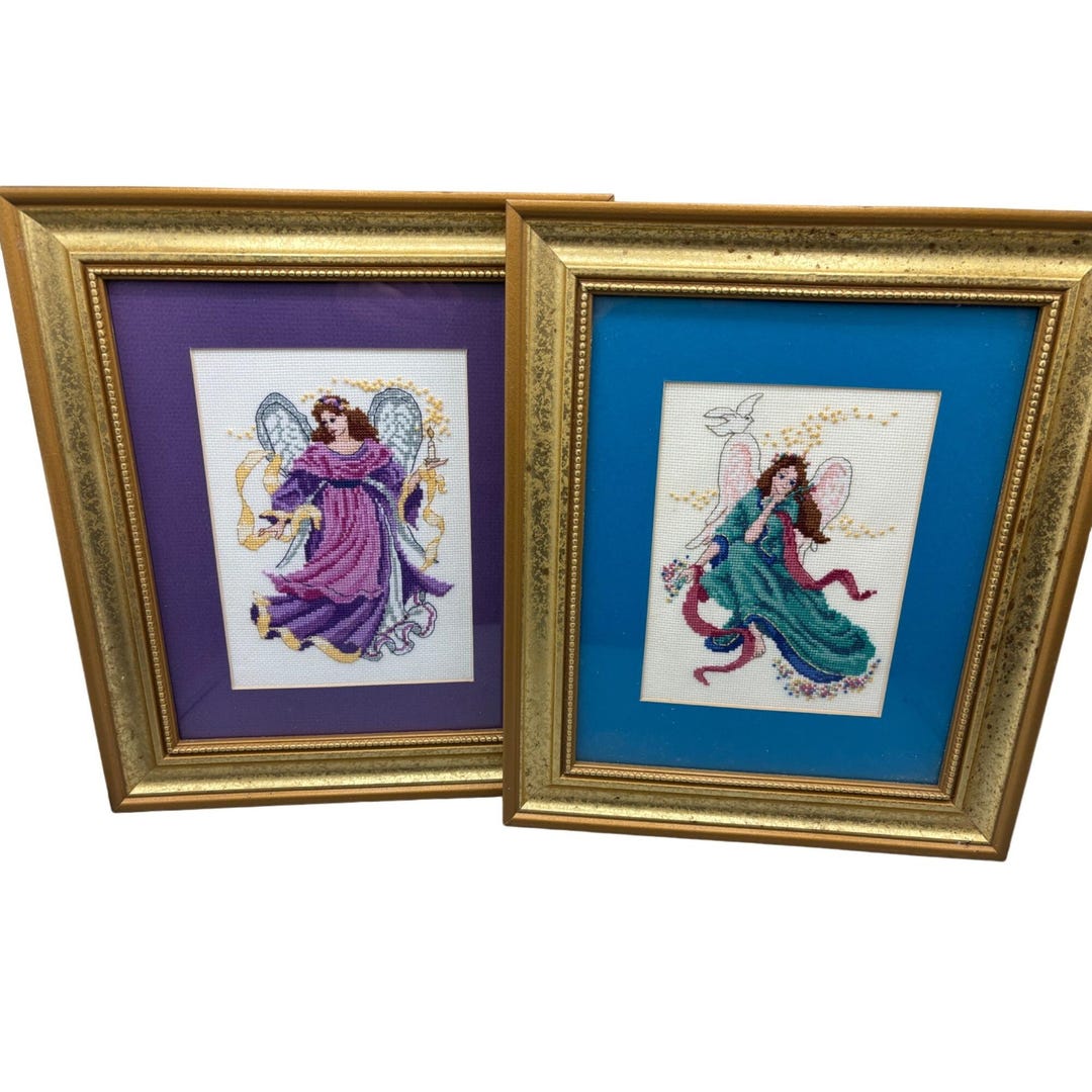 Vtg 90s Set of 2 Framed Angel Cross Stitch Art Gold Frames Complete ...