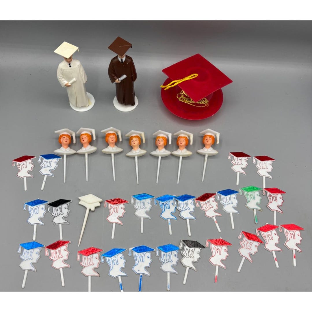 Vtg Graduation Cake Topper Set Cupcake Picks Decor Hats Figurines - Etsy