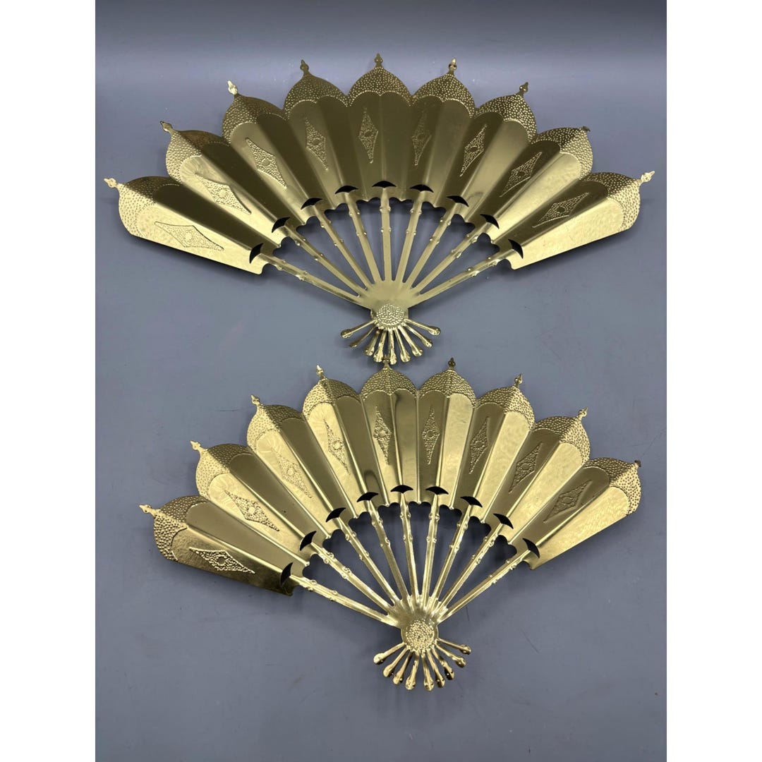 Vtg Gold Tone Metal Hand Fan Wall Décor Set of 2 Hollywood Regency - Etsy