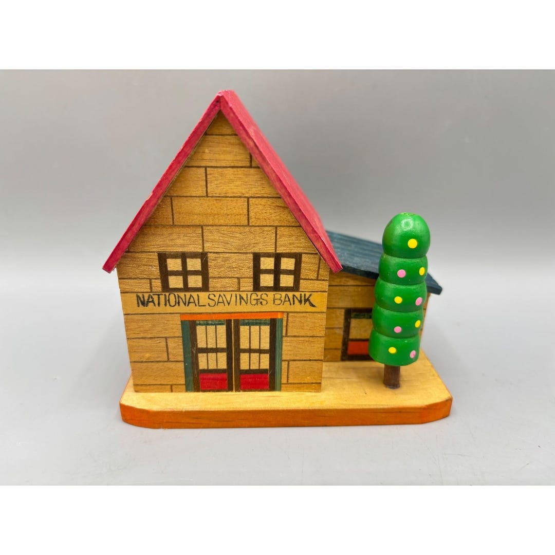 Vintage Wooden National Savings Bank Coin Bank Japan With Tree Handmade ...