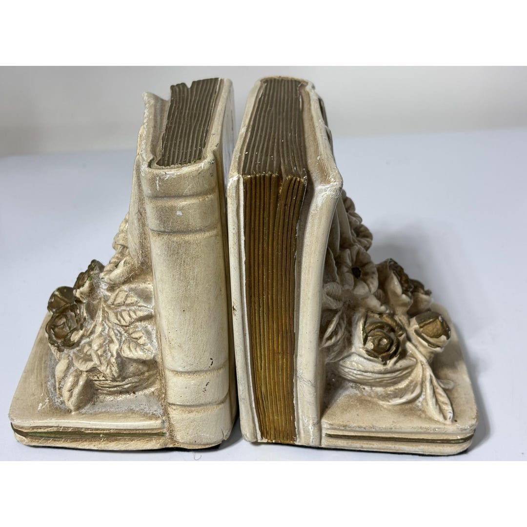 Vtg Universal Statuary Floral Bookend Pair Book and Floral Design Ivory ...