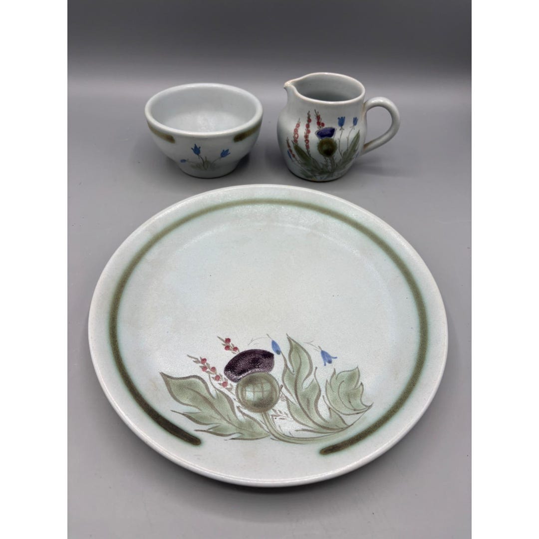 Vtg Hand Painted Buchan Stoneware Thistle Creamer Sugar Bowl Plate ...