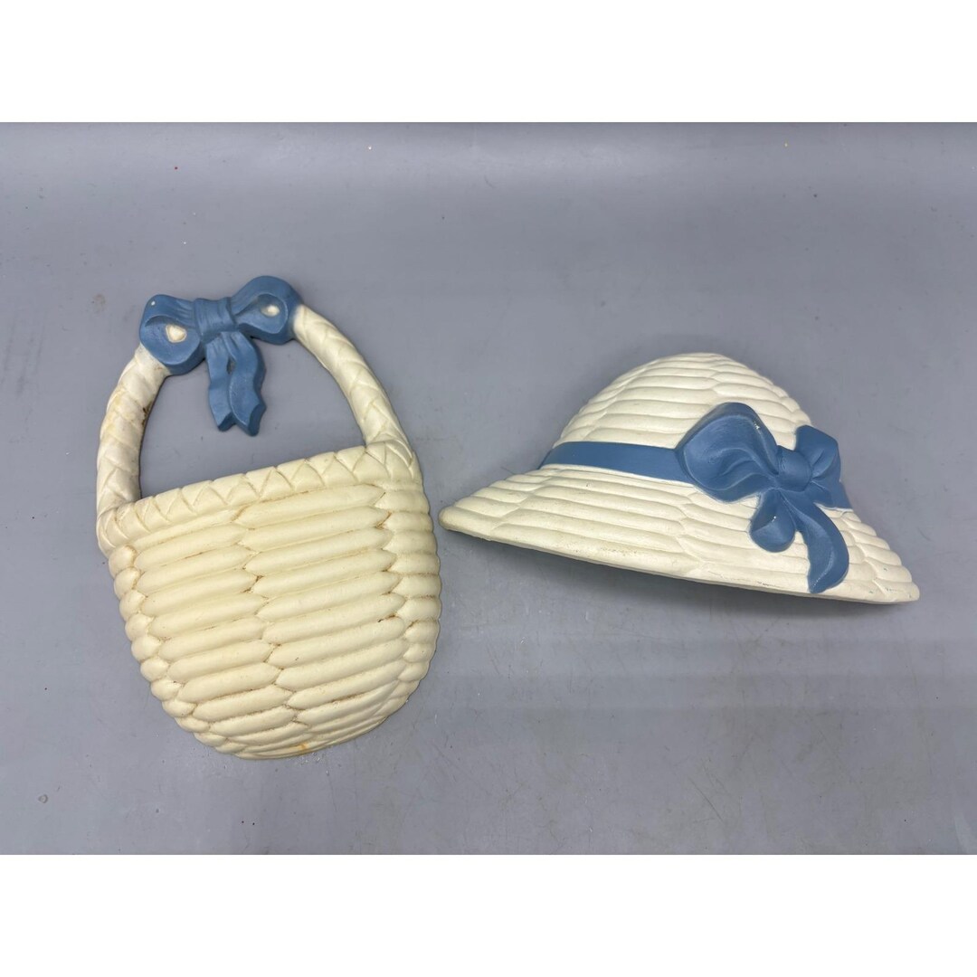 Vtg 2 Pc Wall Pocket Hanging Basket Hat Blue Bow Cottage Country Decor ...