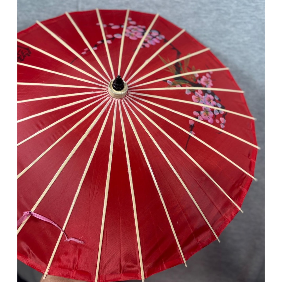 Red Asian Japanese Parasol Hand Painted Floral Design Bamboo Spokes ...