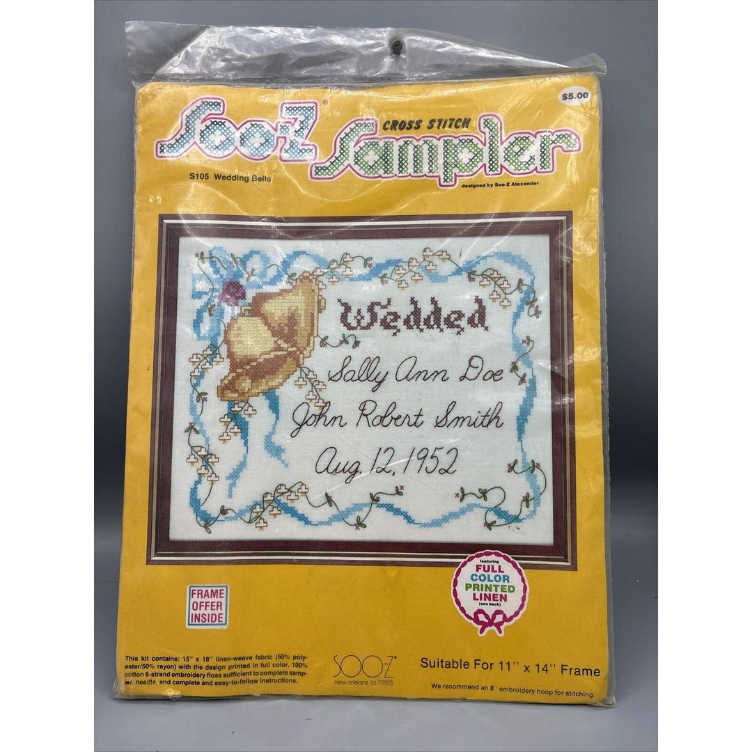 Vtg 70s Soo-z Cross Stitch Kit S105 Wedding Bells Sampler Stamped Linen ...