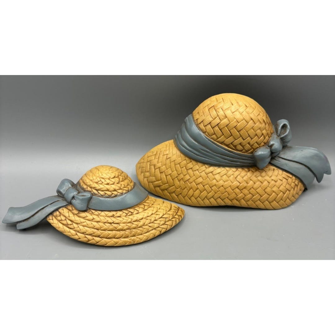 Vtg 80s Homco Straw Hat Wall Decor Set 2 Cute Rustic Bonnet Country ...