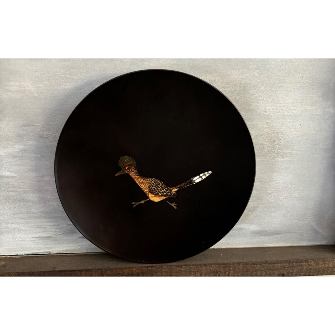 Vtg Couroc of Monterey Utility Dish Roadrunner Inlaid Design Black Gold ...