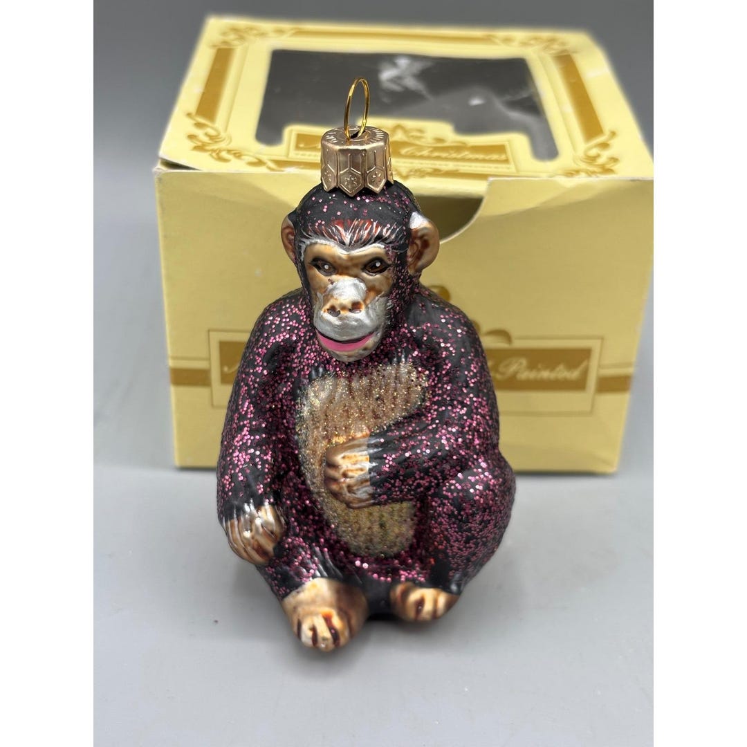 Mouth Blown Hand Painted Glass Monkey Chimpanzee Ornament Glitter ...