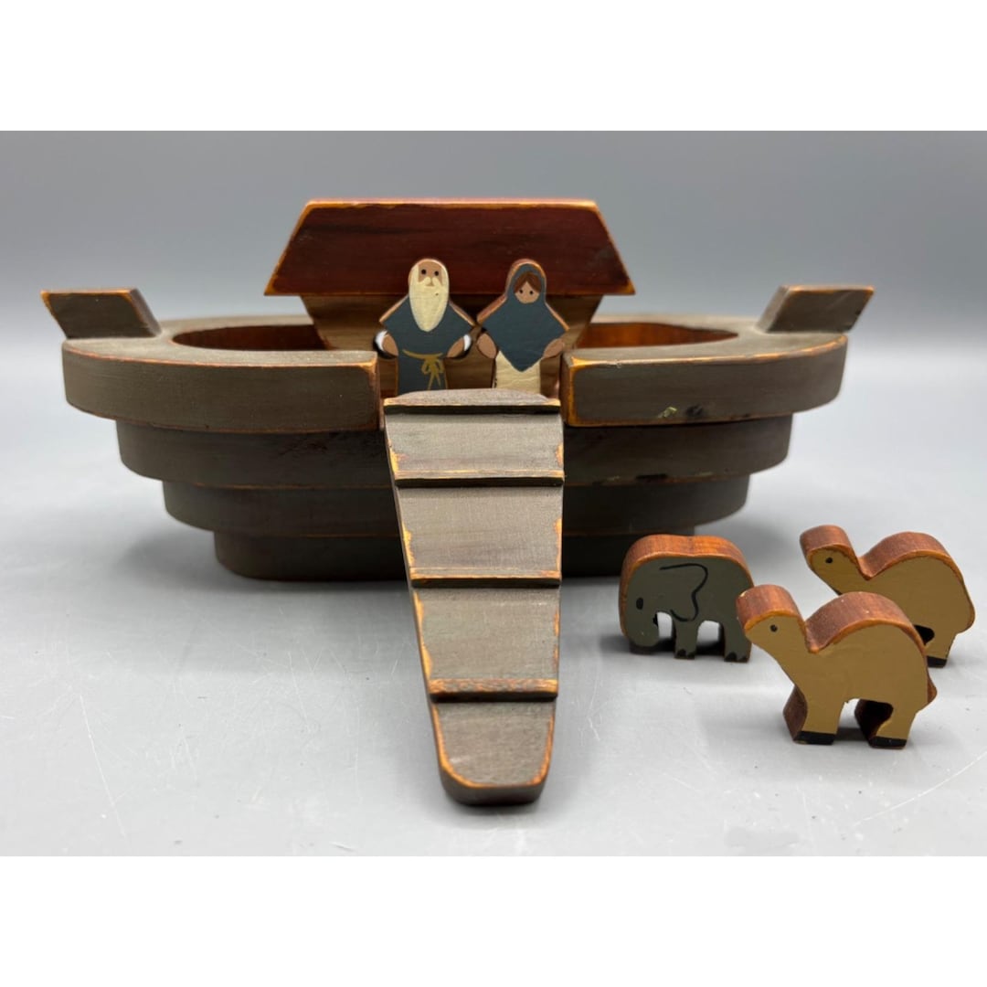 Vtg Handmade Noahs Ark Wooden Toy Set With Animals & Figures - Etsy