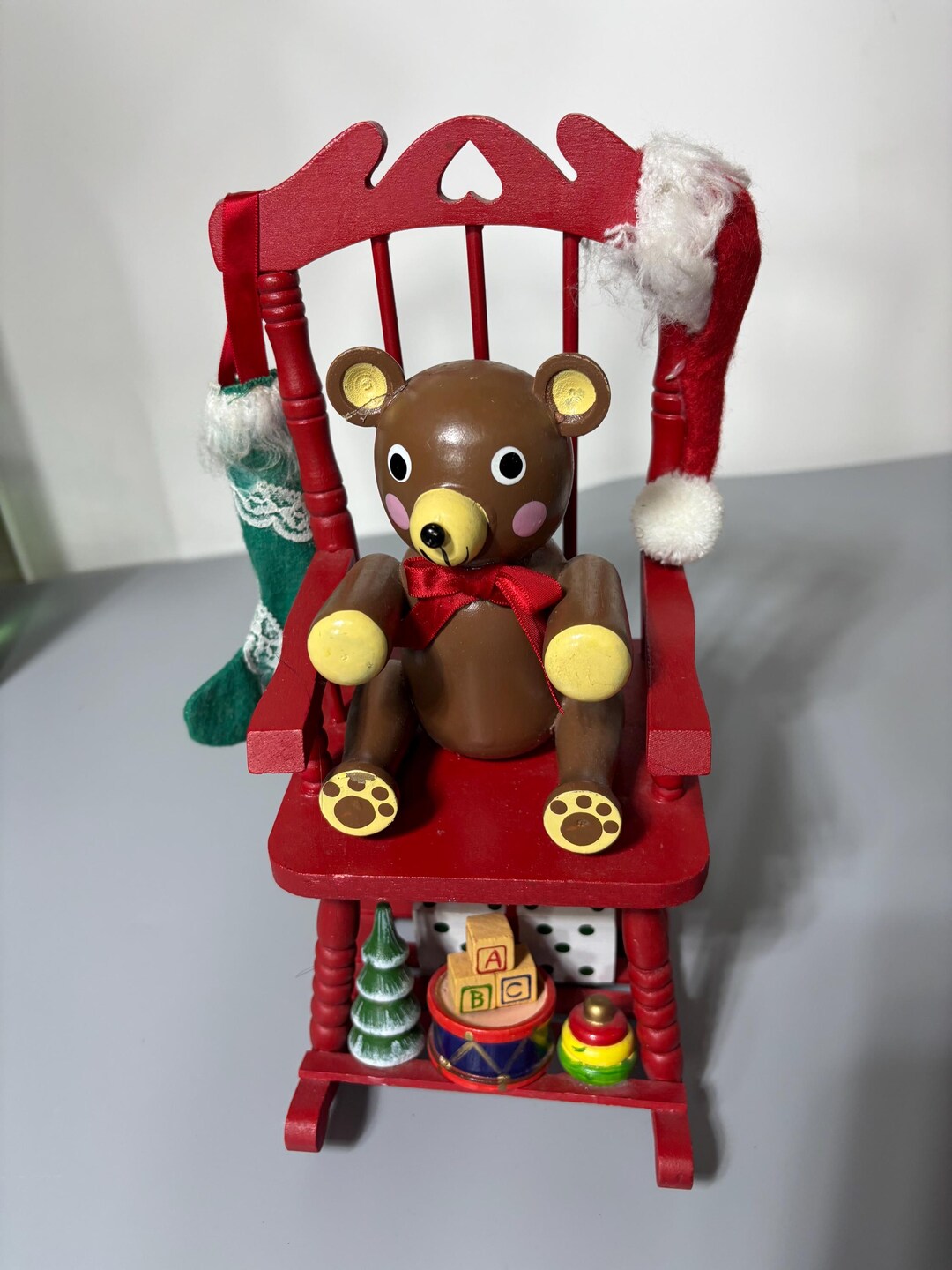 Vtg Christmas Rocking Chair Music Box Teddy Bear Wooden Holiday Decor ...