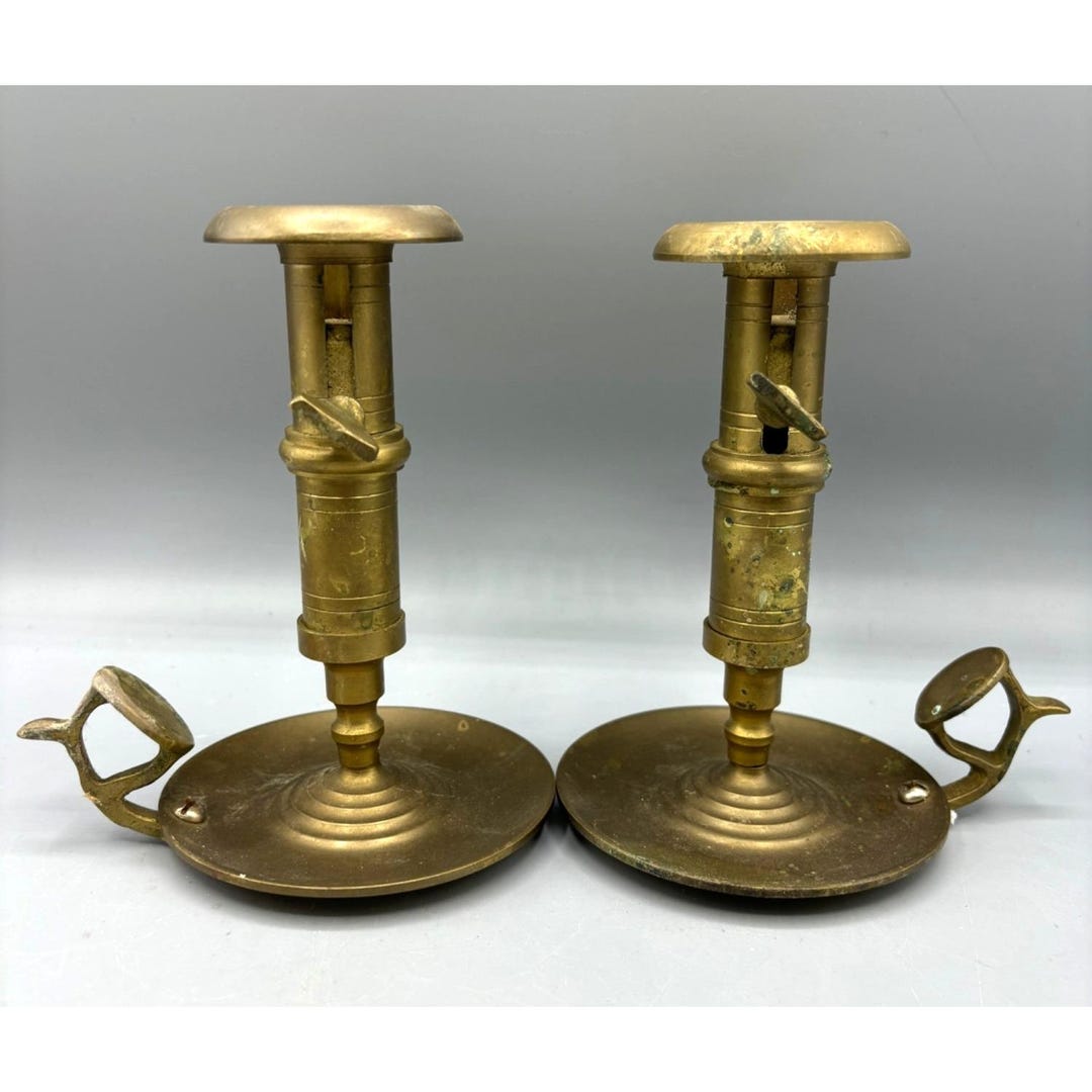 Vtg Brass Push up Chamberstick Candle Holders Pair Handle Hand Held - Etsy