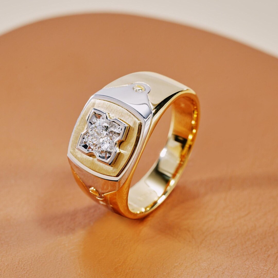 Round Cut Men's Engagement Ring, 11.1g 14K White Gold Ring, Art Deco ...