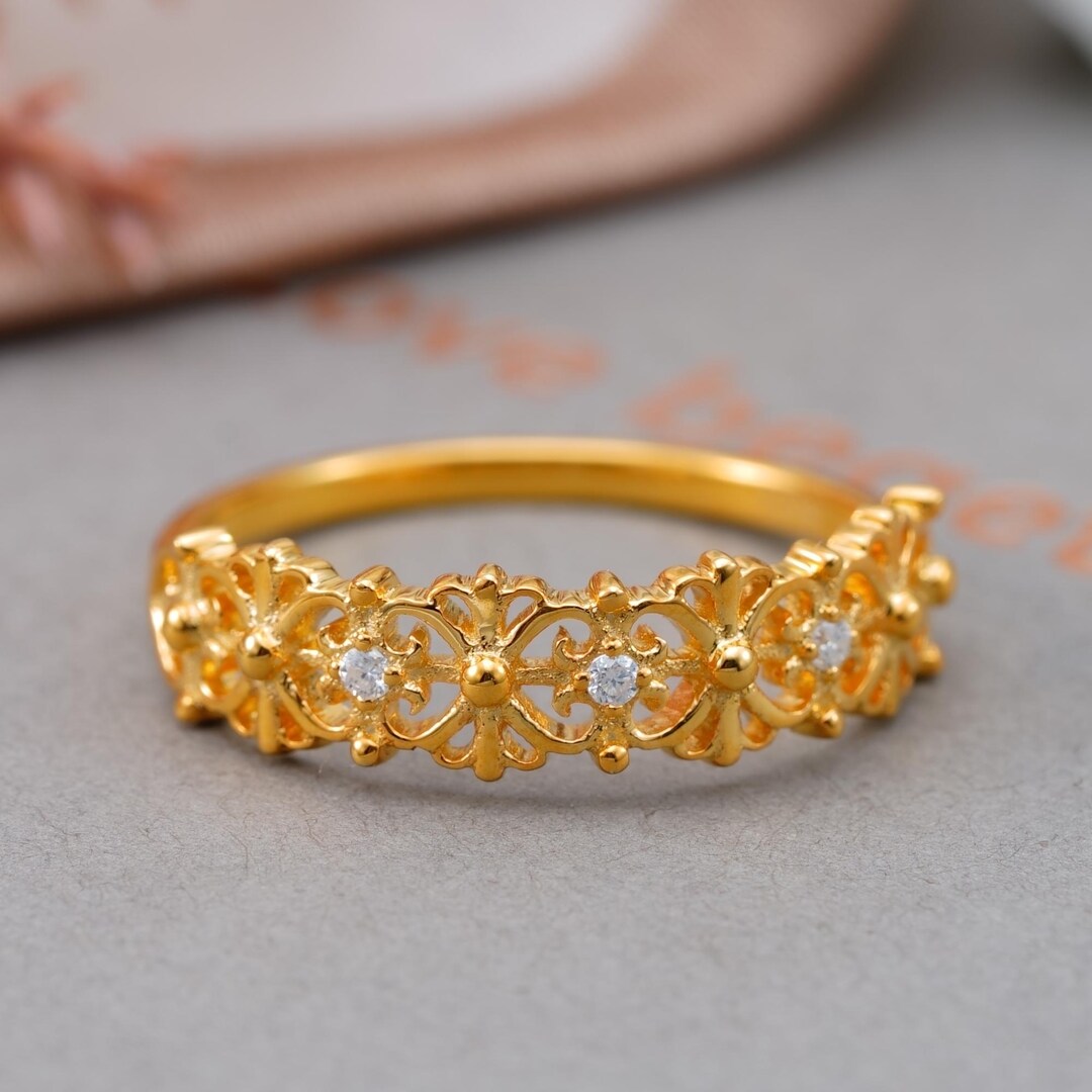 Dainty Hollow Flower Pattern Wedding Ring, 14K Yellow Solid Gold Ring ...